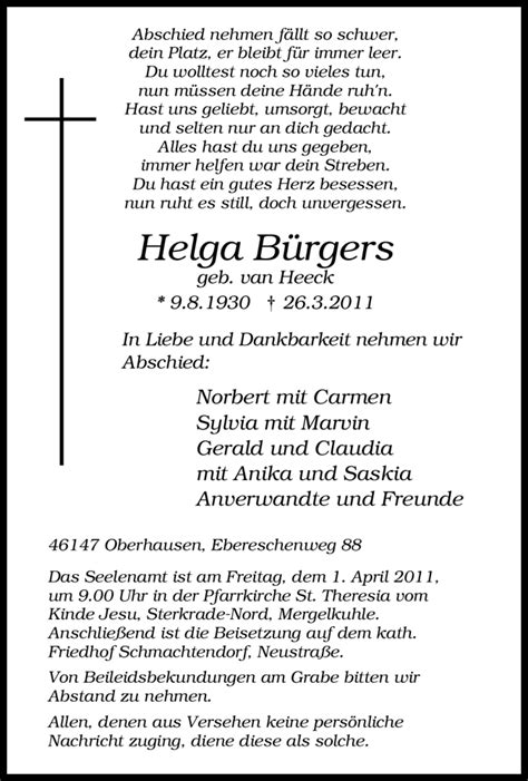 Trauer und Todesanzeigen von Helga Bürgers Trauer de