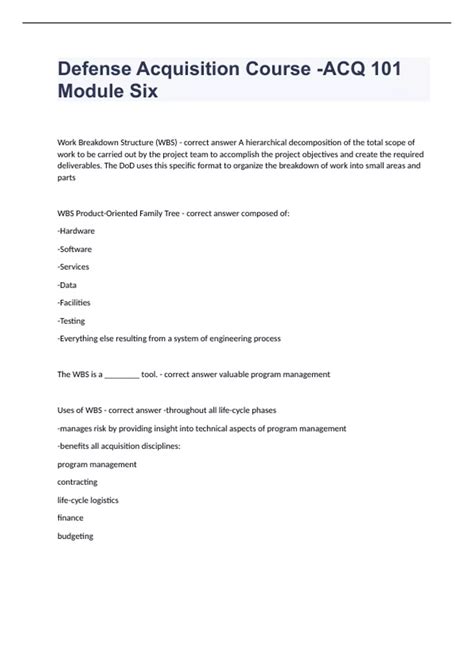 Defense Acquisition Course ACQ 101 Module Six Questions With Complete