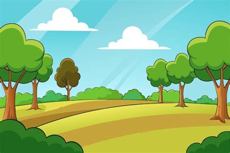 мультфильмная иллюстрация поля с деревьями и небесным фоном Премиум