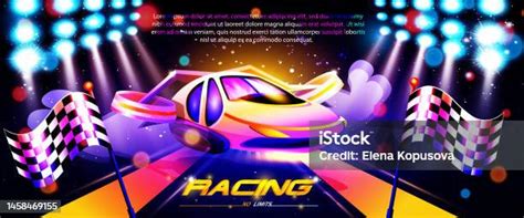 만화 스타일의 스포츠와 승리 개념 추상적인 색 배경에 미래 자동차 경주에 집중합니다 체크 무늬 깃발이 있는 레이스 트랙 결승선 1위에 대한 스톡 벡터 아트 및 기타 이미지