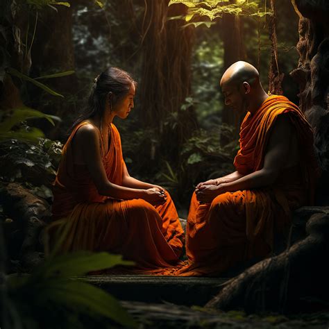 A Budhist Monk Wearing Orange Robe Sitting On Ashram In Midd By
