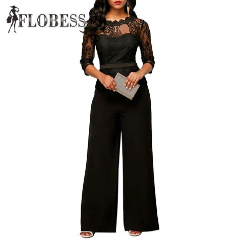 Sexy See Through Mesh Lace Wide Leg Jumpsuit 2018 Women Winter Elegant
