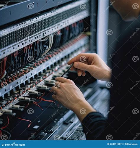 Close Up View Of Technician Working With Cables In Network Server Room It Engineer Hands Close