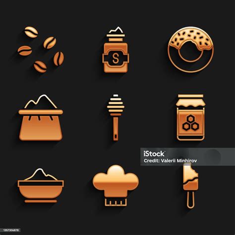 꿀 디퍼 스틱 요리사 모자 아이스크림 꿀 항아리 밀가루 그릇 가방 밀가루 도넛 및 커피 콩 아이콘을 설정합니다 벡터 가방에 대한