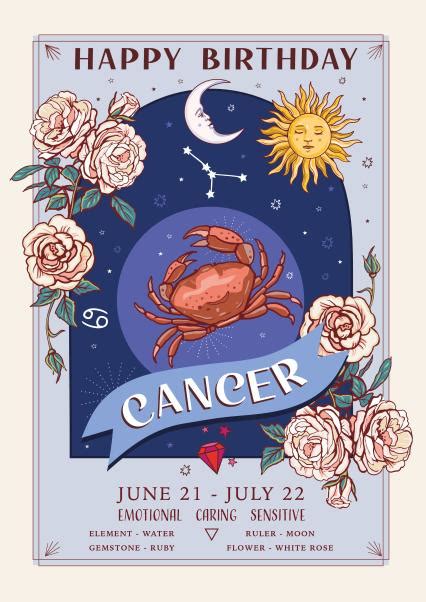 Pretty Birthday Card For Cancer Zodiac Sign Flowers And Personality