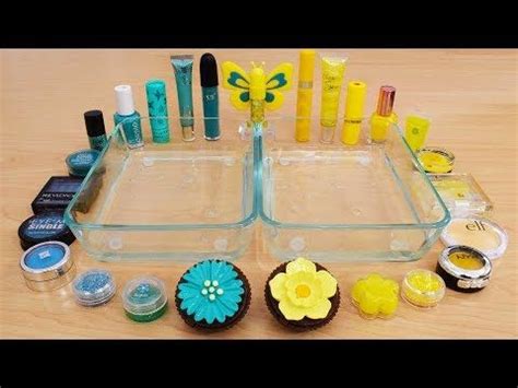 Mixing Teal And Yellow Makeup Eyeshadow Into Slime
