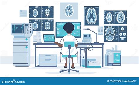 neuroscientist analyzing brain scans in modern laboratory using