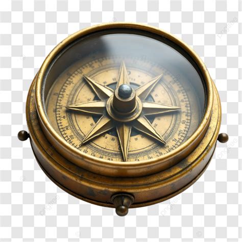 Old Brass Compass Encased In Glass And Pointing True North Old Brass