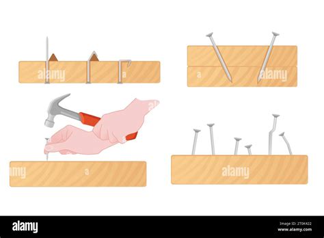 Set Of Steel Nails In Wooden Plank Vector Illustration Isolated On