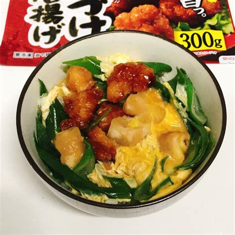 レシピ「たれづけ唐揚げとお麩の卵とじ丼」たれづけ唐揚げとお麩を卵でとじたどんぶりです。美味しいですよ！ 冷凍食品の冷食com