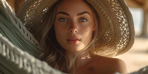 Premium Ai Image Young Woman Holding Beach Hat Relaxing In Hammock On