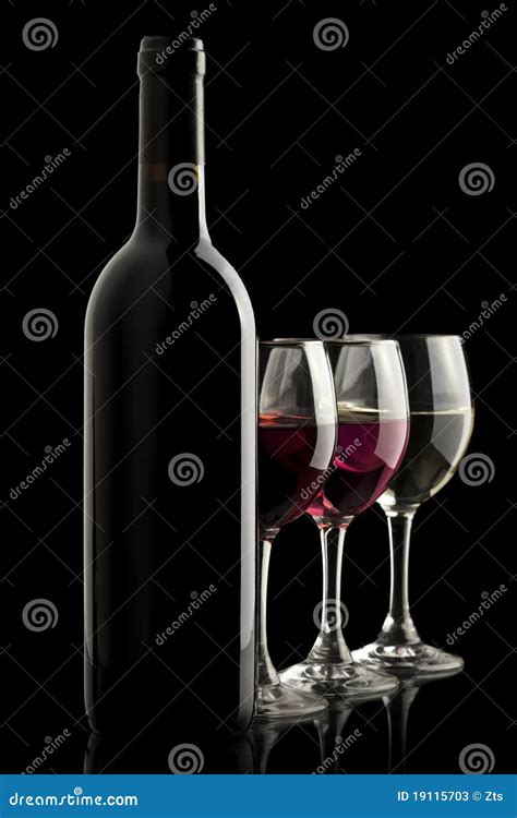Wine Bottle With Red White And Rose Wine Glasses Stock Image Image