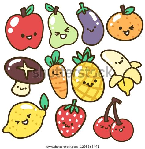 Collection Set Cute Fruits Vegetablesadorable Applekawaii Stock Vector