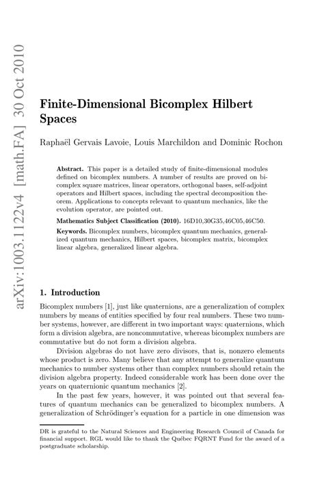 Pdf Finite Dimensional Bicomplex Hilbert Spaces