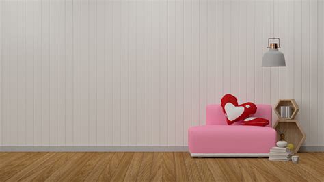 흰 벽 인테리어 디자인 3d 그림 스칸디나비아 인테리어 디자인 발렌타인 하트 베개 장식 룸 램프 장식 객실 앞 간단한 거실에 핑크 소파 0명에 대한 스톡 사진 및 기타