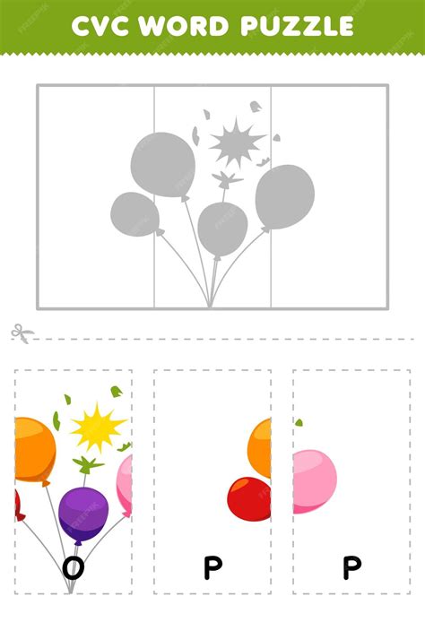 귀여운 만화 팝 풍선 그림 인쇄용 워크시트의 퍼즐을 완성하여 Cvc 단어를 배우는 어린이를 위한 교육 게임 프리미엄 벡터