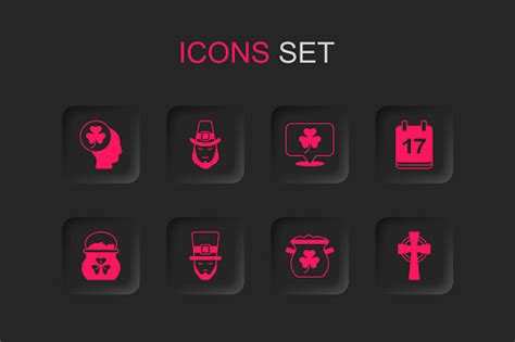 세트 레프리콘 클로버 트레포일 잎 금화 냄비 성 패트릭 데이 달력 켈트 십자가 클로버 및 아이콘이 있는 머리 벡터 3에 대한 스톡 벡터 아트 및 기타 이미지 Istock