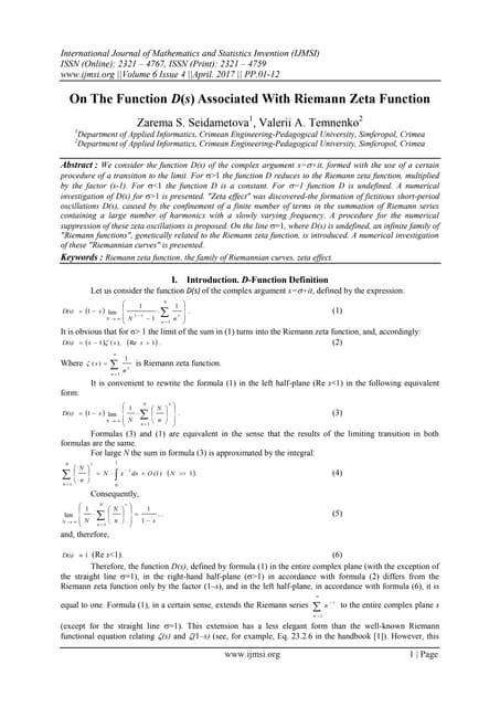 On The Function Ds Associated With Riemann Zeta Function Pdf