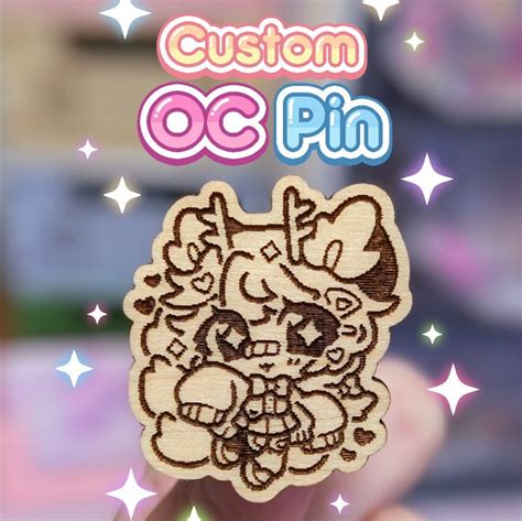 Custom Oc Chibi Pin Commissions Mini Wood Pin Wood Cut Pin Laser