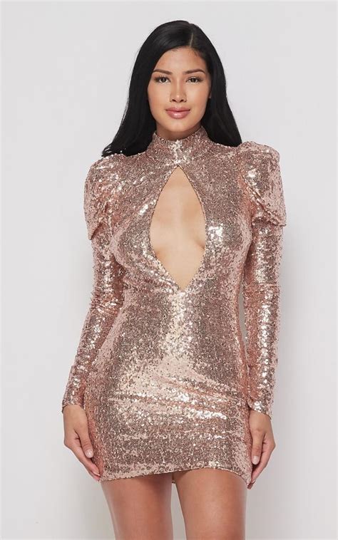 Rose Gold Sequin Puff Sleeve Keyhole Dress