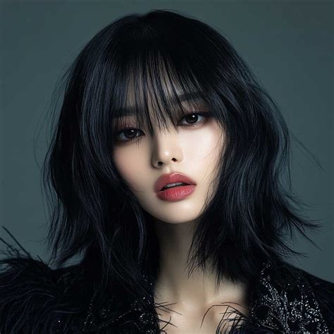 Long Layered Korean Bangs In Jet Black Gloss Artfasad