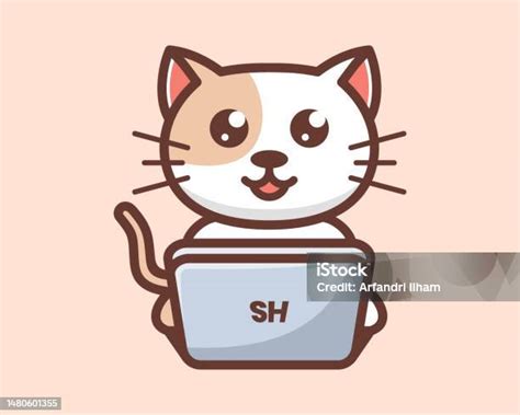 귀여운 새끼 고양이 고양이 키티 재미 있은 쾌활한 만화 마스코트 노트북 노트북 벡터 디자인 일러스트 레이 션 볼테르 인조에 대한 스톡 벡터 아트 및 기타 이미지 Istock