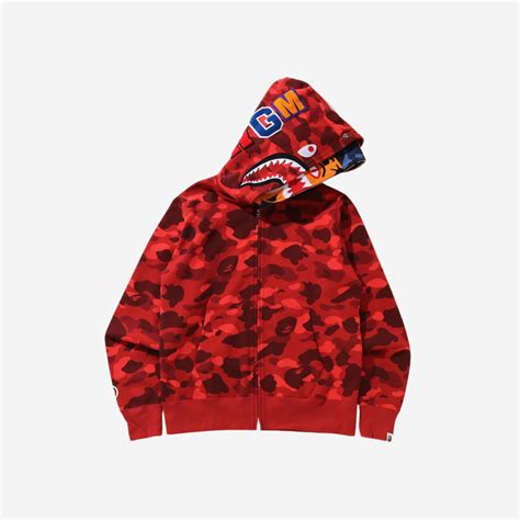 베이프 컬러 카모 타이거 샤크 와이드 풀 집 후드 레드 Bape Kream