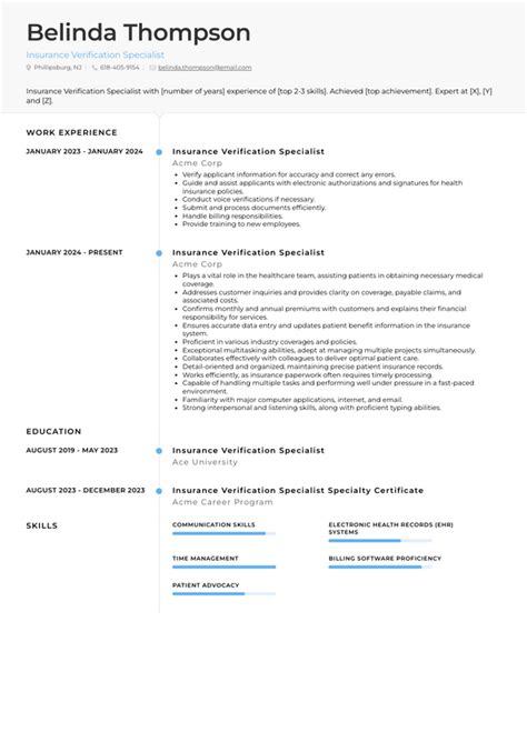 Insurance Verification Specialist Resume Examples And Templates