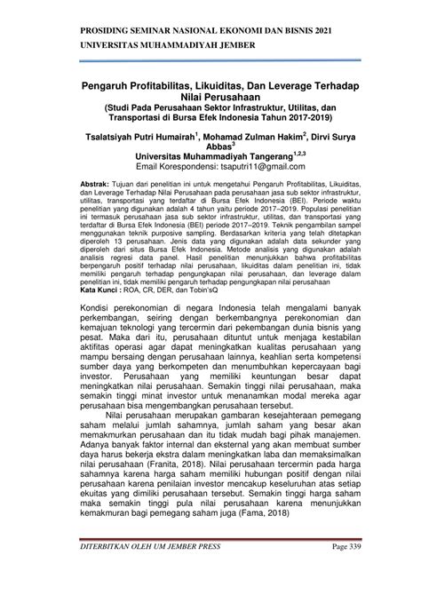 Pdf Pengaruh Profitabilitas Likuiditas Dan Leverage Terhadap Nilai