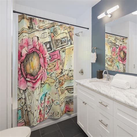 Retro 90s Pink Flower And Cassette Tapes Shower Curtain 5113 Vintage