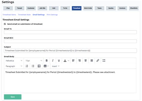 Timesheet Tab Settings Configuration