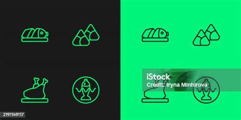 세트 라인 접시에 생선 구운 칠면조 또는 닭고기 얇게 썬 조각과 대나무 찜기 아이콘의 Zongzi와 생선 벡터 0명에 대한 스톡 벡터 아트 및 기타 이미지 Istock