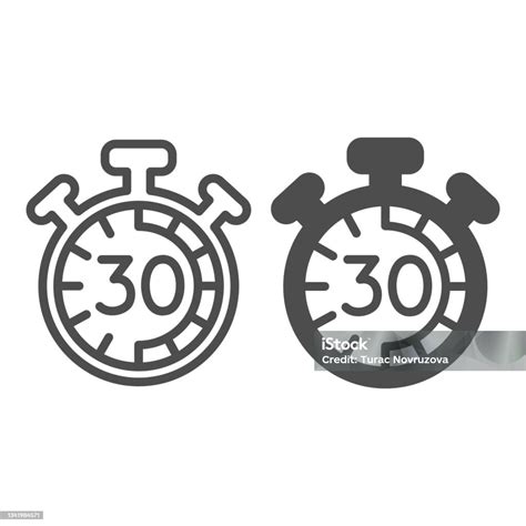 버튼 30초 타이머 크로노미터 라인 솔리드 아이콘 시간 컨셉 흰색 배경의 클럭 벡터 사인 모바일 컨셉 및 웹 디자인을 위한 윤곽 스타일 아이콘이 있는 스톱워치 벡터 그래픽
