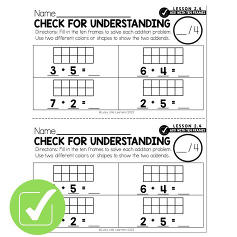 Lucky To Learn Math 1st Grade Lesson 24 Add With Ten Frames To 10 Check For