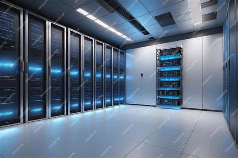 Premium Photo White And Blue Firewall Activated On Server Room Data