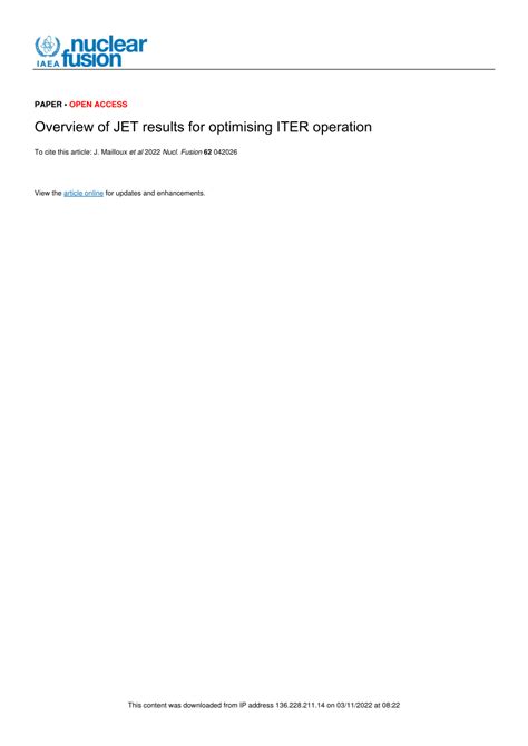 Pdf Overview Of Jet Results For Optimising Iter Operation