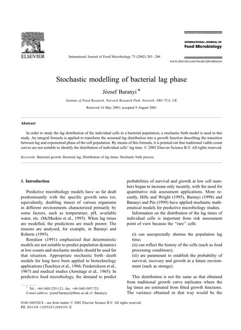 Pdf Stochastic Modelling Of Bacterial Lag Phase
