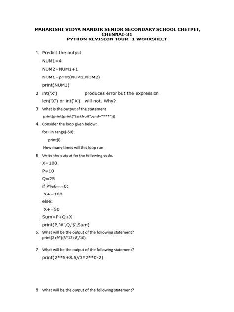 python revision tour 1 worksheet pdf computer programming