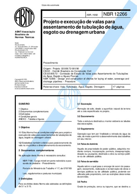 Pdf Nbr 12266 Nb 1349 Projeto E Execucao De Valas Para Assentamento