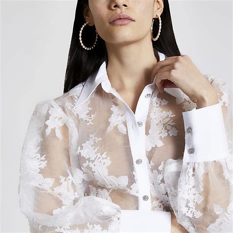 White Printed Organza Long Sleeve Shirt River Island