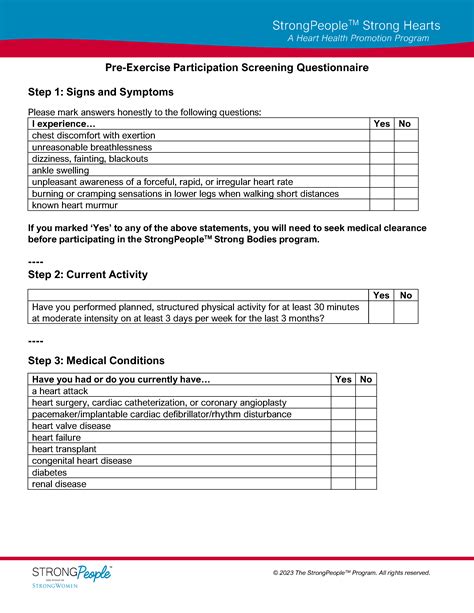 Pre Exercise Health Screening Form Template