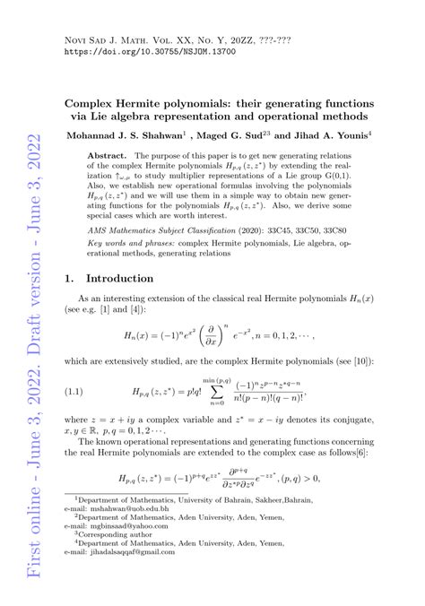 Pdf Complex Hermite Polynomials Their Generating Functions Via Lie