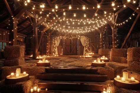 Rustic Barnyard Weddings With String Lights And Ha Premium Ai