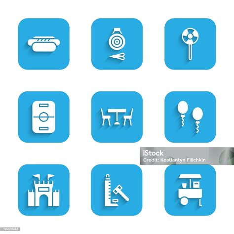 의자 스트라이커 어트랙션 해머 패스트 스트리트 푸드 카트 풍선 성 하키 롤리팝 및 핫도그 아이콘이있는 피크닉 테이블을 설정합니다 벡터 가구에 대한 스톡 벡터 아트 및 기타