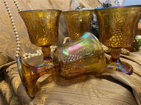 4 Amber Harvest Carnival Glass Goblets By Colony Amber Carnival Glass