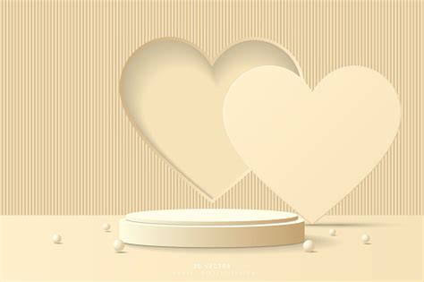 갈색 3d 실린더 연단 받침대는 하트 모양의 창과 커버 배경 구체 공으로 사실적입니다 판촉을 위한 발렌타인 데이 장면과 제품 광고 3d 벡터 기하학적 플랫폼 설계 3차원