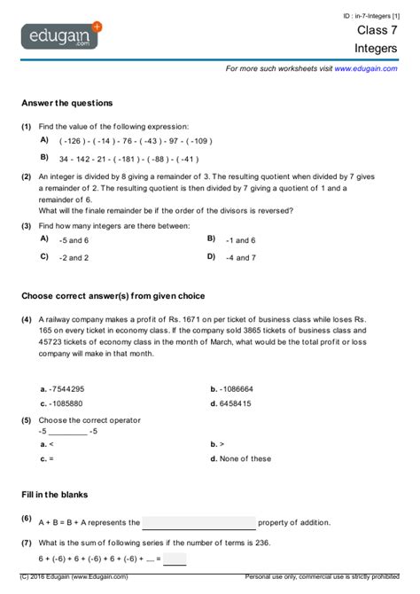 Grade 7 Math Integers Worksheets