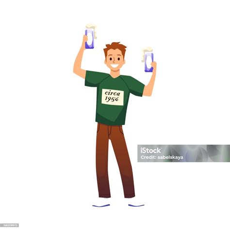 흐르는 거품 플랫 스타일로 두 개의 알루미늄 맥주병을 들고 있는 행복한 어린 소년 두 물체에 대한 스톡 벡터 아트 및 기타 이미지 두 물체 쥠 남자 Istock