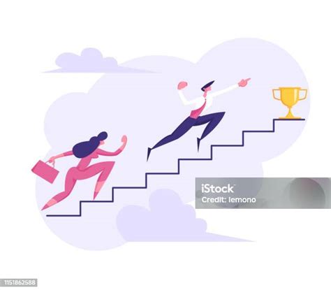 성공에 계단을 등반 하는 비즈니스 사람들 승리에 실행 남자와 여자 문자 비즈니스 전략 경쟁 목표 달성 개념입니다 벡터 평면 만화