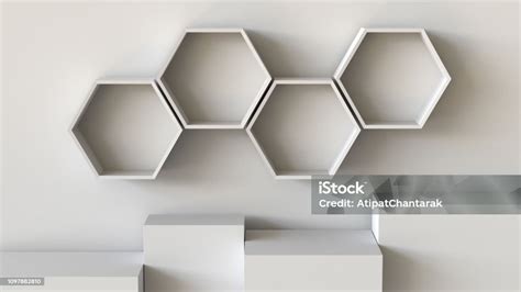 빈 흰색 육각형 선반 그리고 벽 배경에 큐브 상자 연단 3d 렌더링입니다 육각형에 대한 스톡 사진 및 기타 이미지 육각형 0명 3차원 형태 Istock